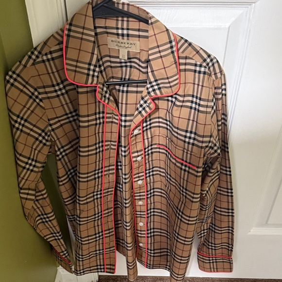 Burberry | Tops | Burberry Tan Checkered Shirt With Red Piping | Poshmark
